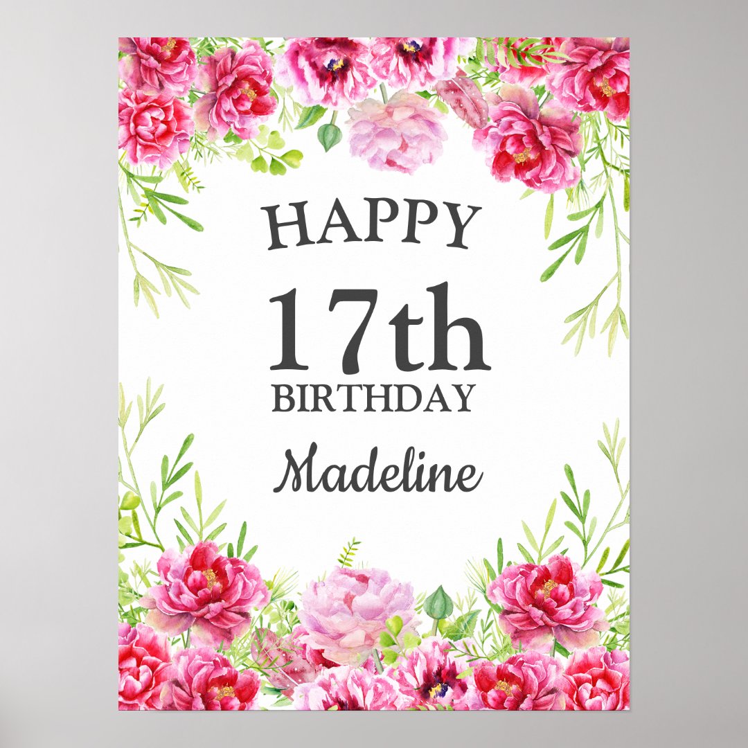 Pink Floral Greenery White Happy Birthday Poster | Zazzle