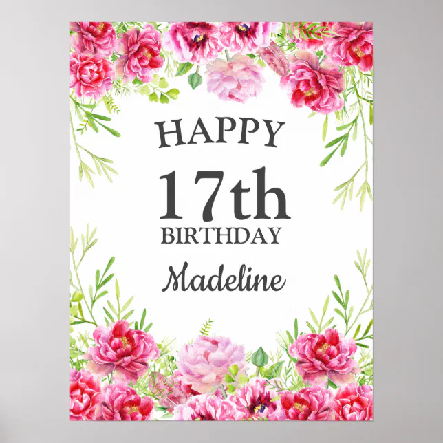 Pink Floral Greenery White Happy Birthday Poster | Zazzle