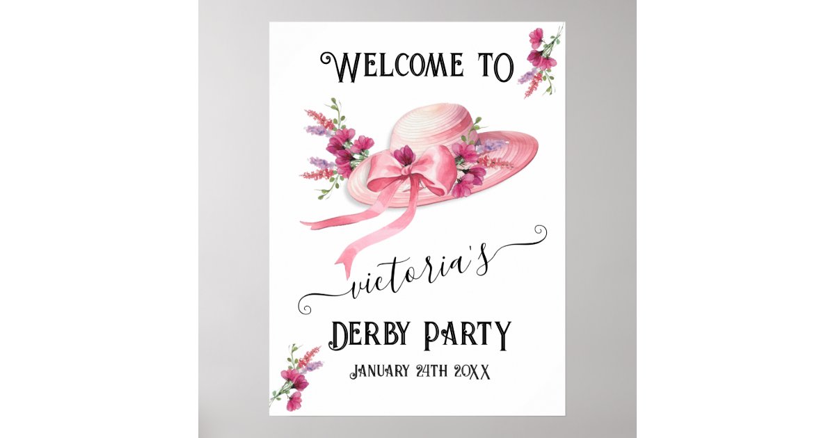 Pink floral Hat Derby Bridal Shower Welcome Sign | Zazzle