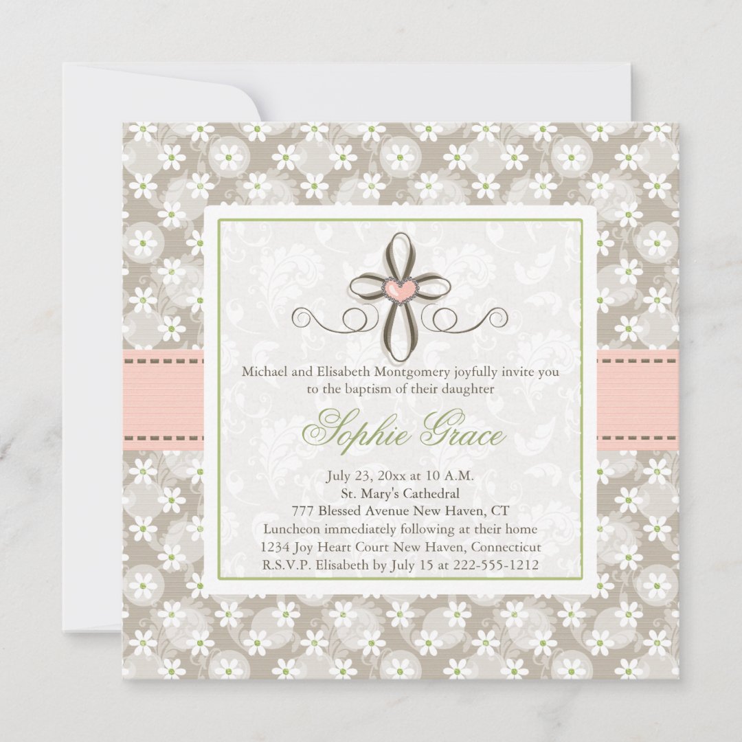 Pink Floral Heart Cross Baptism Photo Invitations | Zazzle