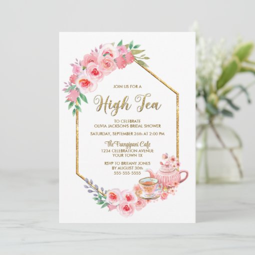 Pink Floral High Tea Bridal Shower Invitation | Zazzle