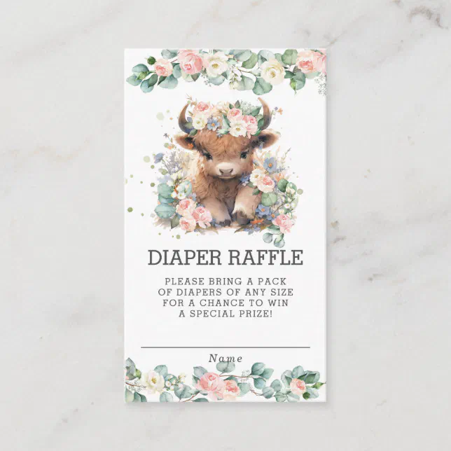 Pink Floral Highland Cow Baby Shower Diaper Raffle Enclosure Card | Zazzle