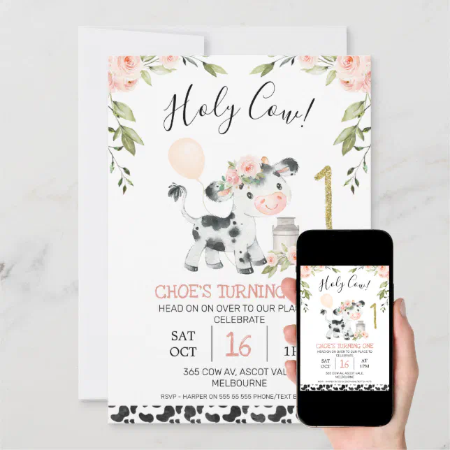 Pink Floral Holy Cow Cow Print First Birthday Invitation | Zazzle