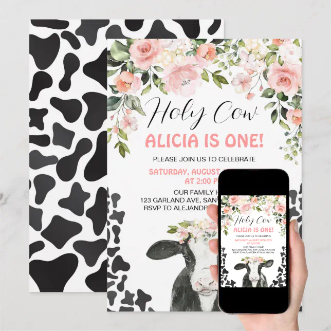Pink Floral Holy Cow Cow Print First Birthday Invitation | Zazzle