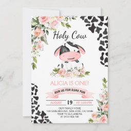 Pink Floral Holy Cow Cow Print First Birthday Invitation | Zazzle