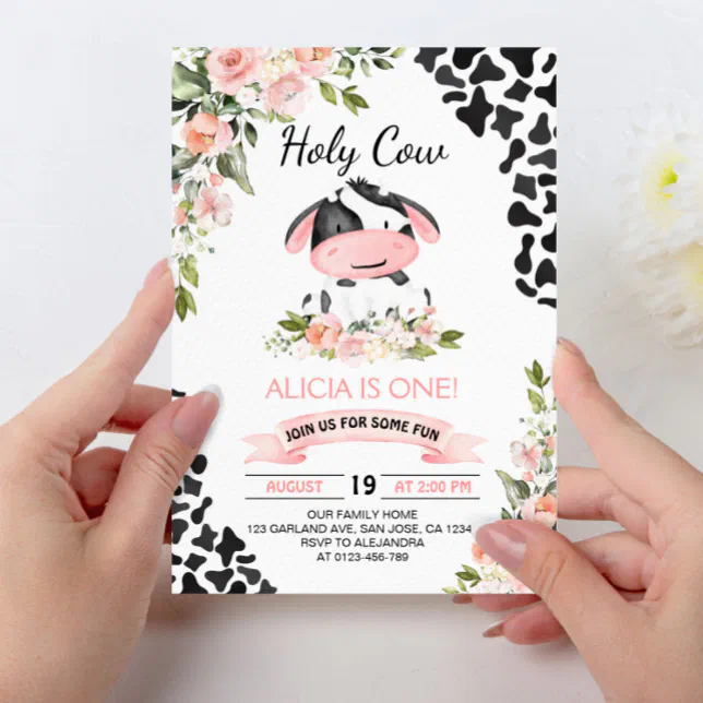 Pink Floral Holy Cow Cow Print First Birthday Invitation | Zazzle