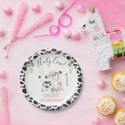 Pink Floral Holy Cow Cow Print First Birthday Paper Plates | Zazzle