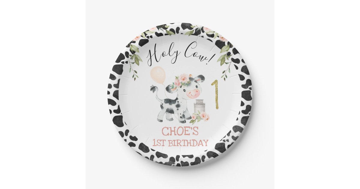 Pink Floral Holy Cow Cow Print First Birthday Paper Plates | Zazzle