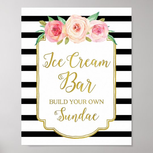Pink Floral Ice Cream Bar Sign Gold Black Stripes | Zazzle.com