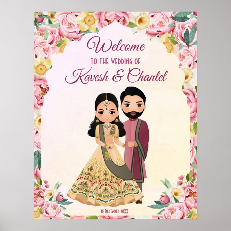Pink floral Indian wedding with Indian couple Poster | Zazzle