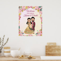 Pink floral Indian wedding with Indian couple Poster | Zazzle