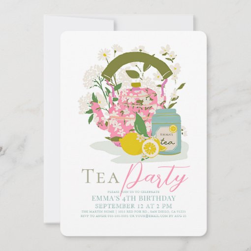 Pink Floral Kettle Lemon Tea Party Girl Birthday Invitation | Zazzle