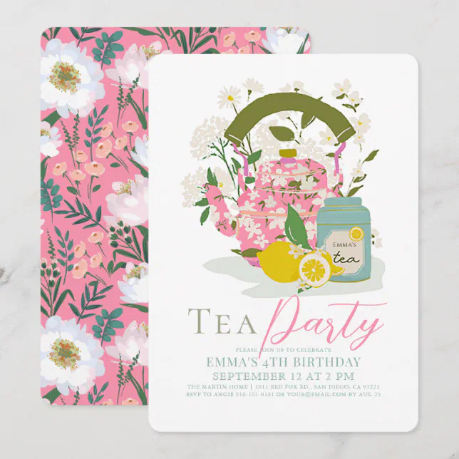 Pink Floral Kettle Lemon Tea Party Girl Birthday Invitation | Zazzle