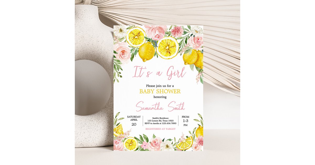 Pink Floral Lemon Baby Shower Invitation | Zazzle