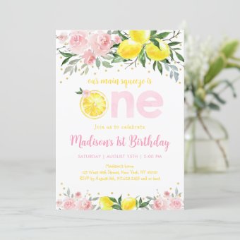 Pink Floral Lemon Main Squeeze First Birthday Invitation | Zazzle