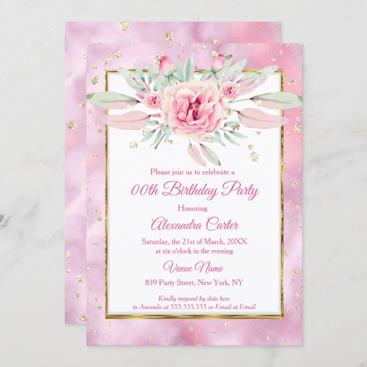 Pink Floral marble Glitter gold Birthday Party Invitation | Zazzle