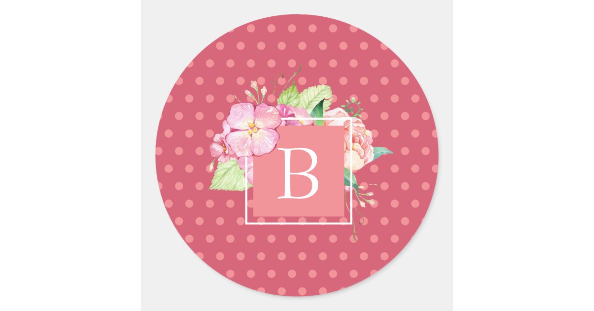 Pink Floral Monogram Initial Classic Round Sticker | Zazzle