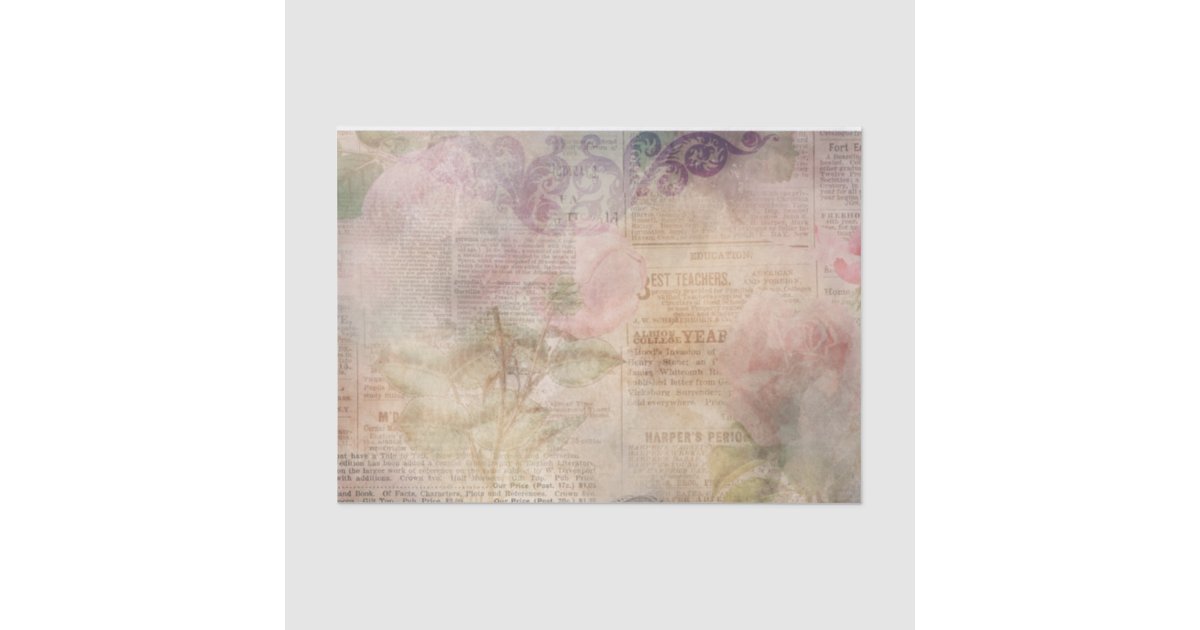 Pink Floral Newsprint Collage Tissue Paper | Zazzle