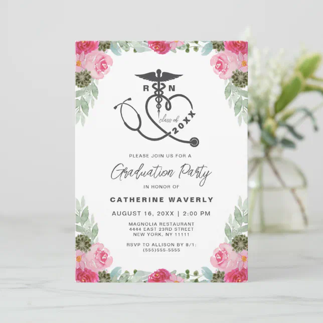 Pink Floral Nursing School Photo Graduation Invitation | Zazzle