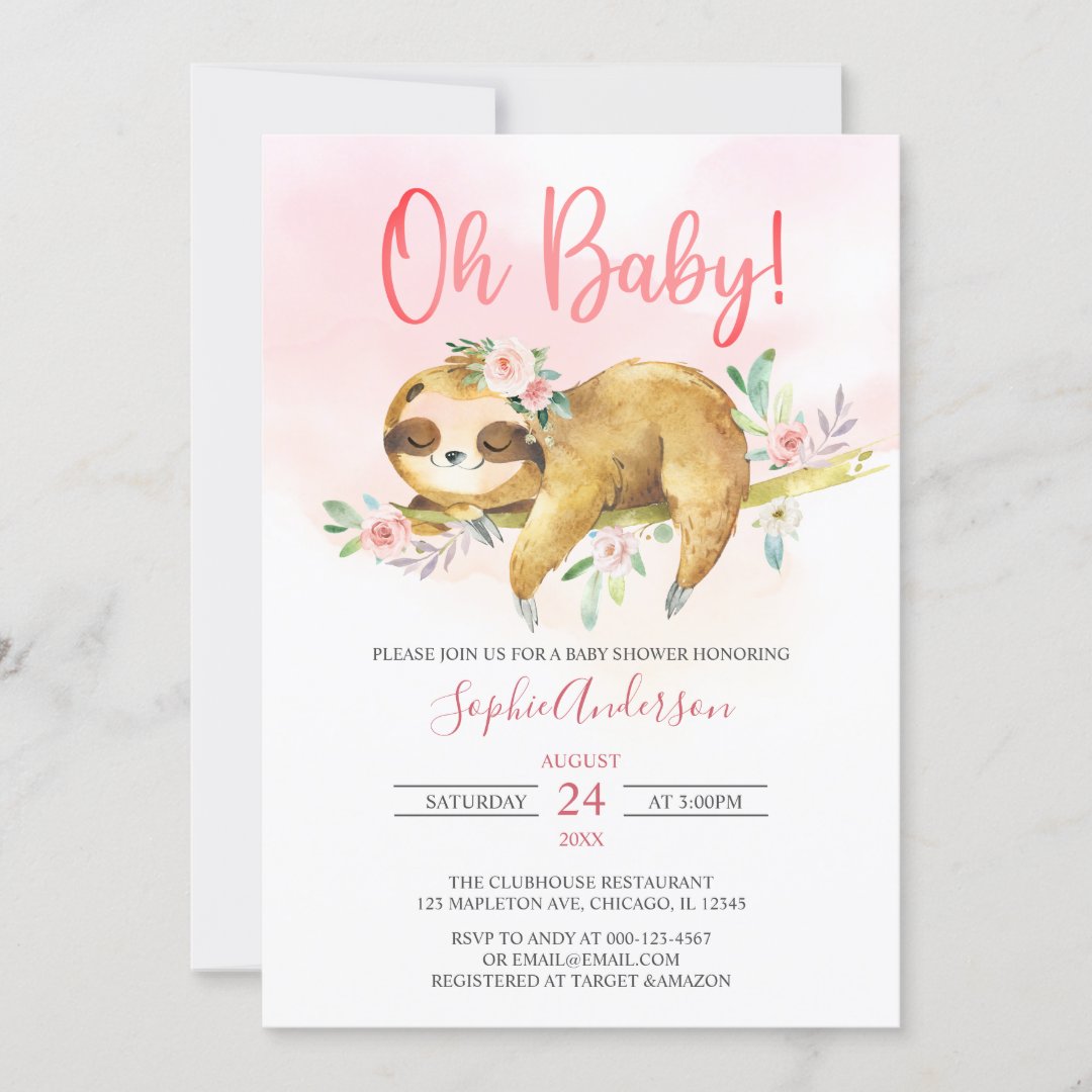 Pink Floral Oh Baby Girl Cute Sloth Baby Shower Invitation | Zazzle