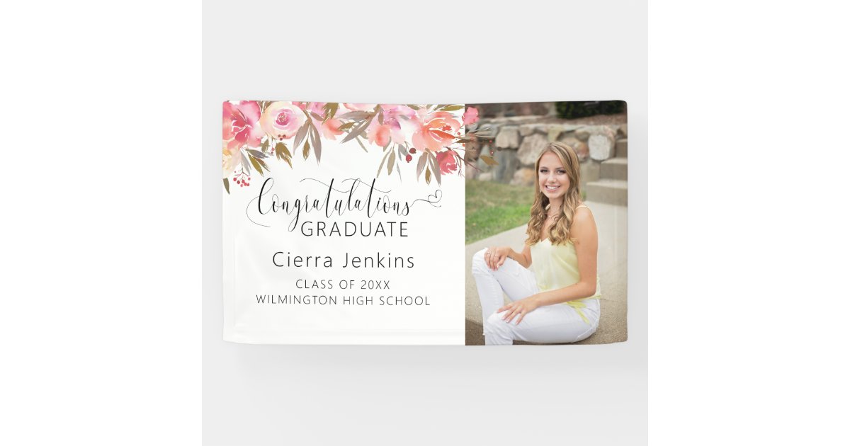 Pink Floral One Photo Calligraphy Graduation Banner | Zazzle