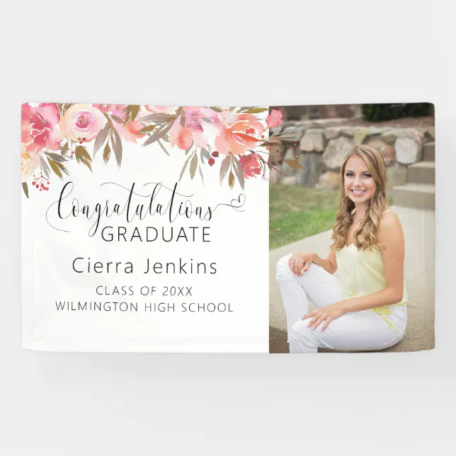 Pink Floral One Photo Calligraphy Graduation Banner | Zazzle