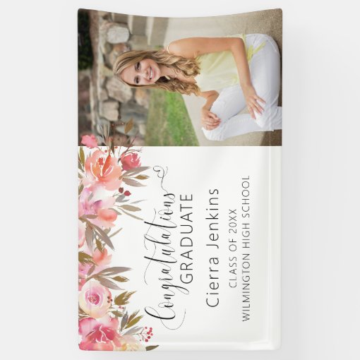 Pink Floral One Photo Calligraphy Graduation Banner | Zazzle
