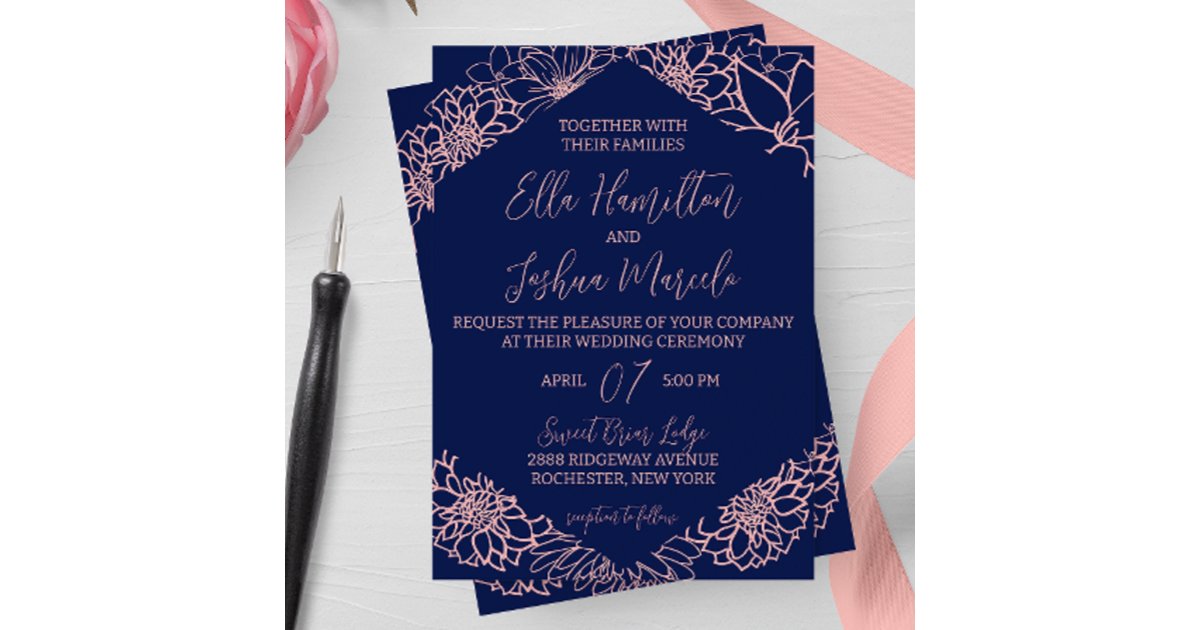 Pink Floral Outline Wedding Invitation | Zazzle
