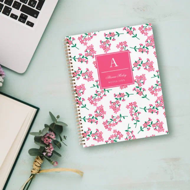 Pink Floral Pattern Monogrammed Notebook | Zazzle