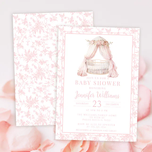 Pink floral pattern with girl crib baby shower invitation | Zazzle
