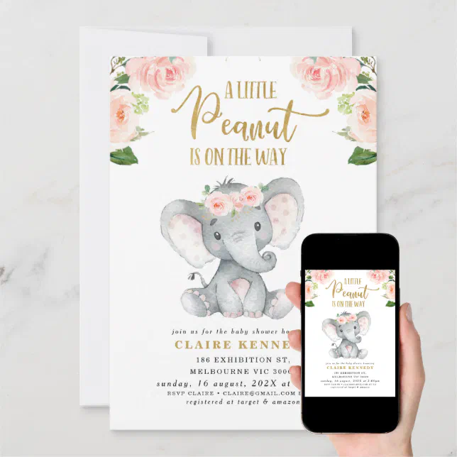 Pink Floral Peanut Elephant Baby Shower Invitation | Zazzle