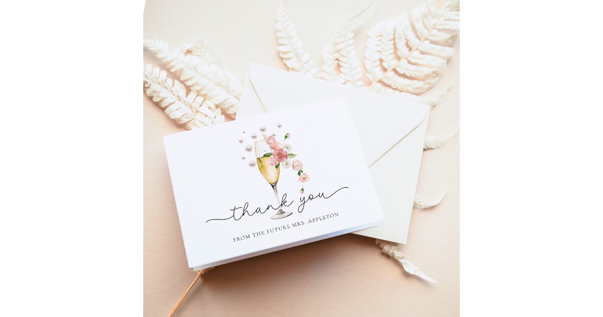 Pink Floral Pearls & Prosecco Bridal Shower Thank You Card | Zazzle