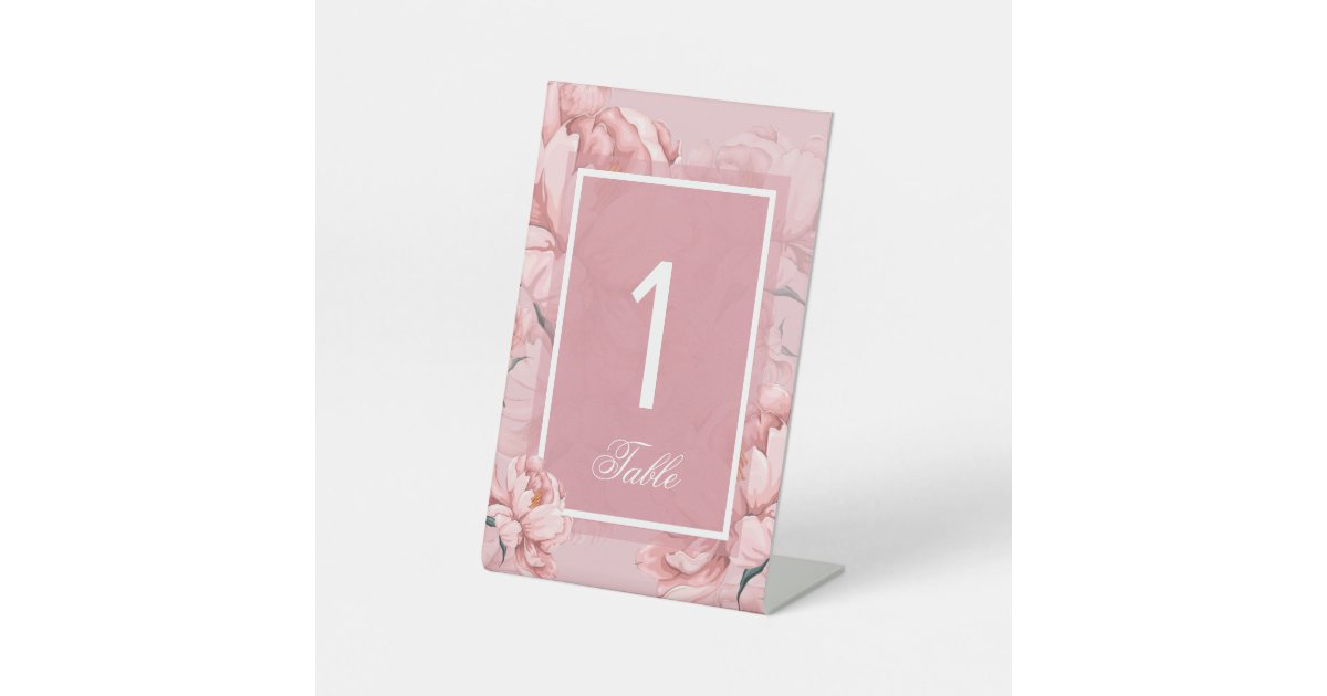 Pink floral peony flower table number sign | Zazzle