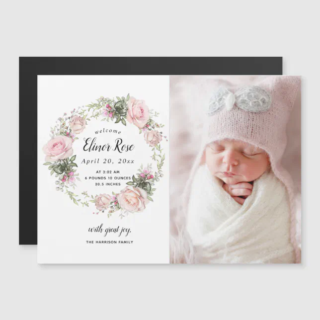 Pink Floral Photo Birth Announcement | Zazzle
