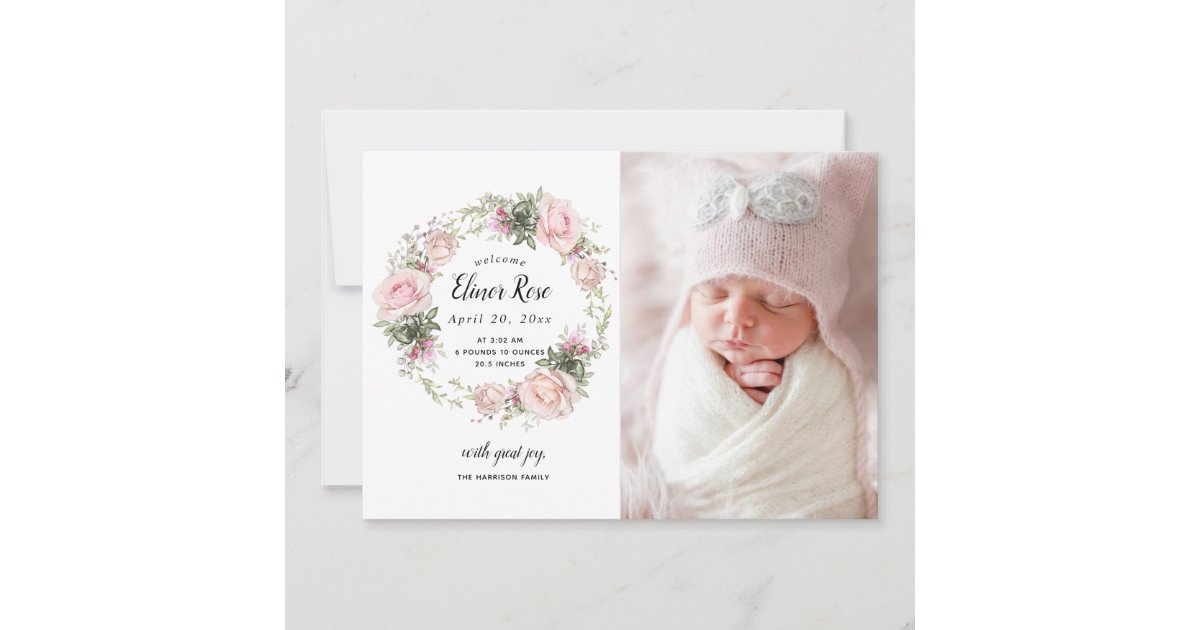 Pink Floral Photo Birth Announcement | Zazzle