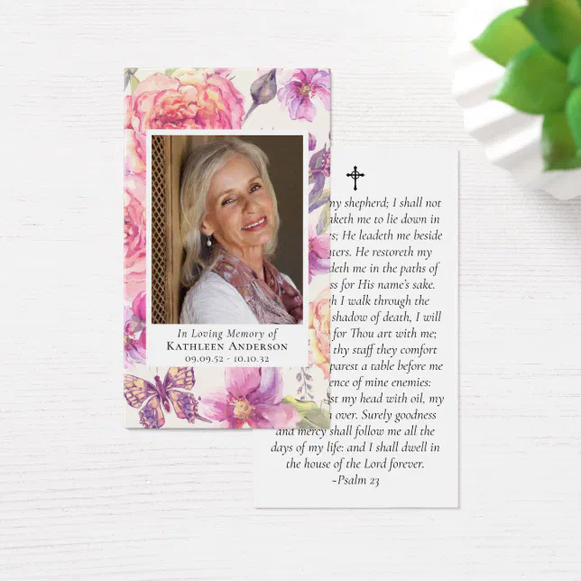 Pink Floral Photo Memorial Prayer Card | Zazzle