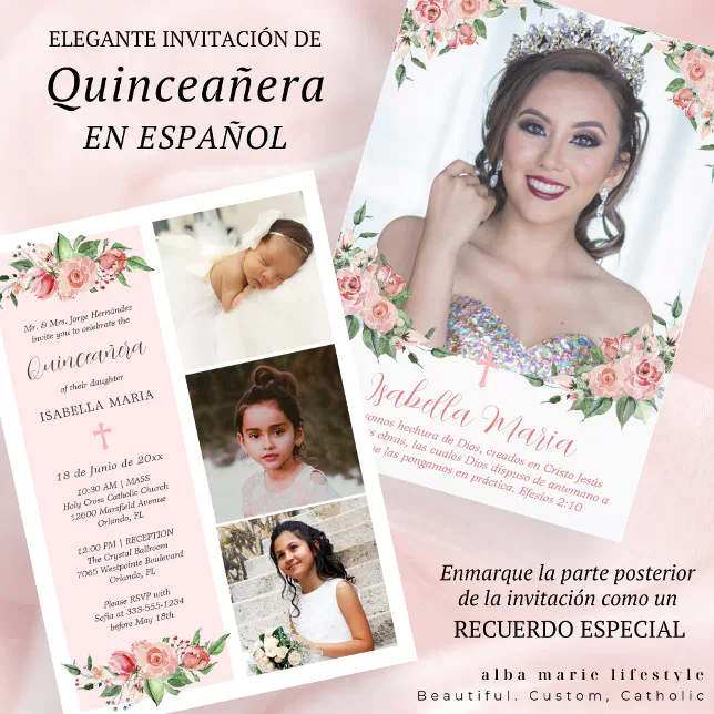 Pink Floral Photo Quinceañera Invitation Spanish | Zazzle