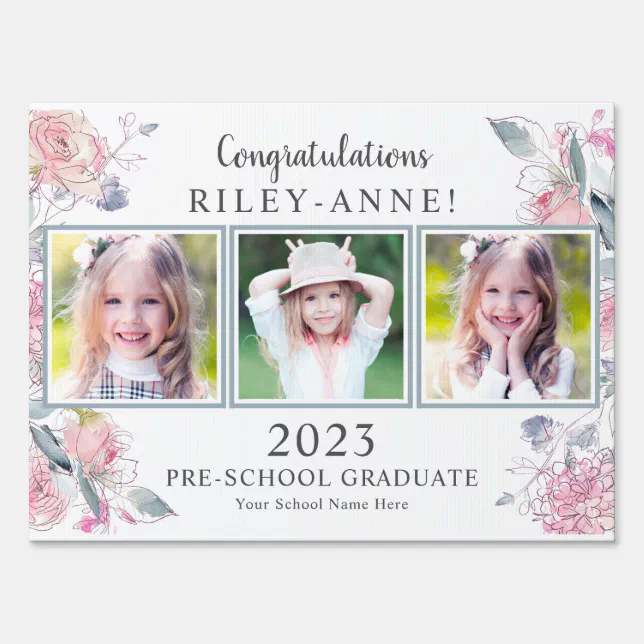 Pink Floral Pre-School Graduation with 3 Photos Sign | Zazzle