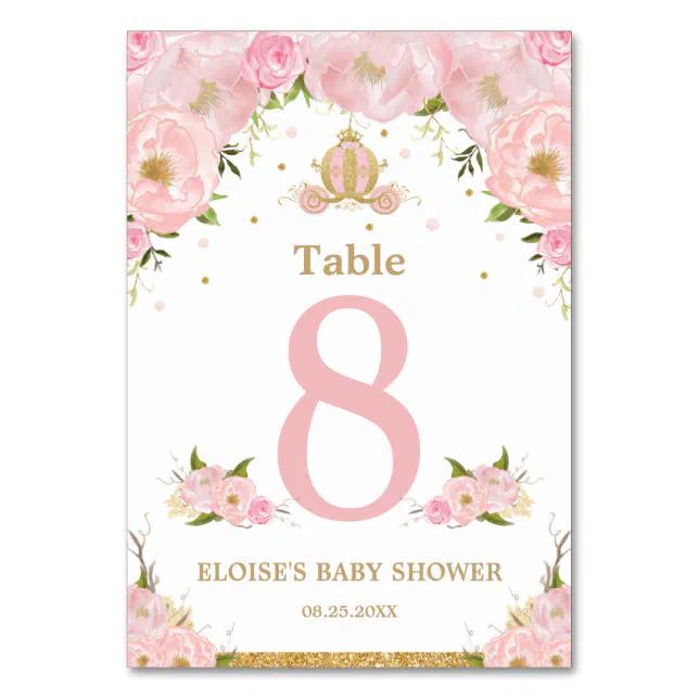 Pink Floral Princess Carriage Girl Baby Shower Table Number | Zazzle