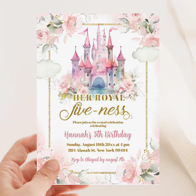 Pink Floral Princess Royal Castle 5th Birthday Invitation | Zazzle