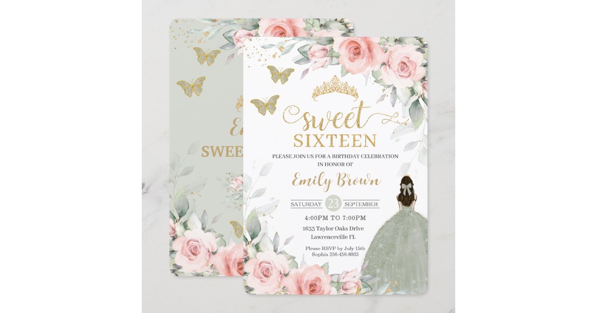 Pink Floral Princess Sage Green Sweet Sixteen Invitation | Zazzle