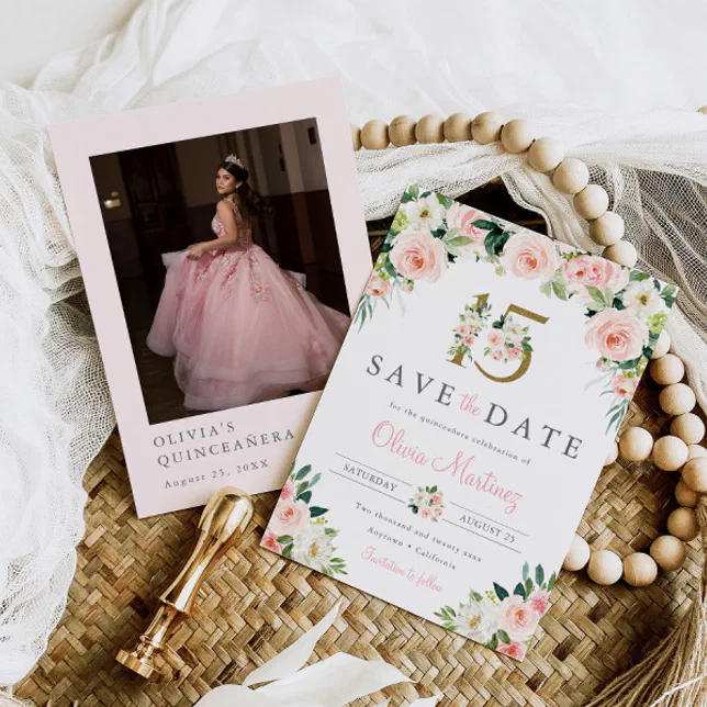 Pink Floral Quinceañera Save the Date Photo Roses | Zazzle