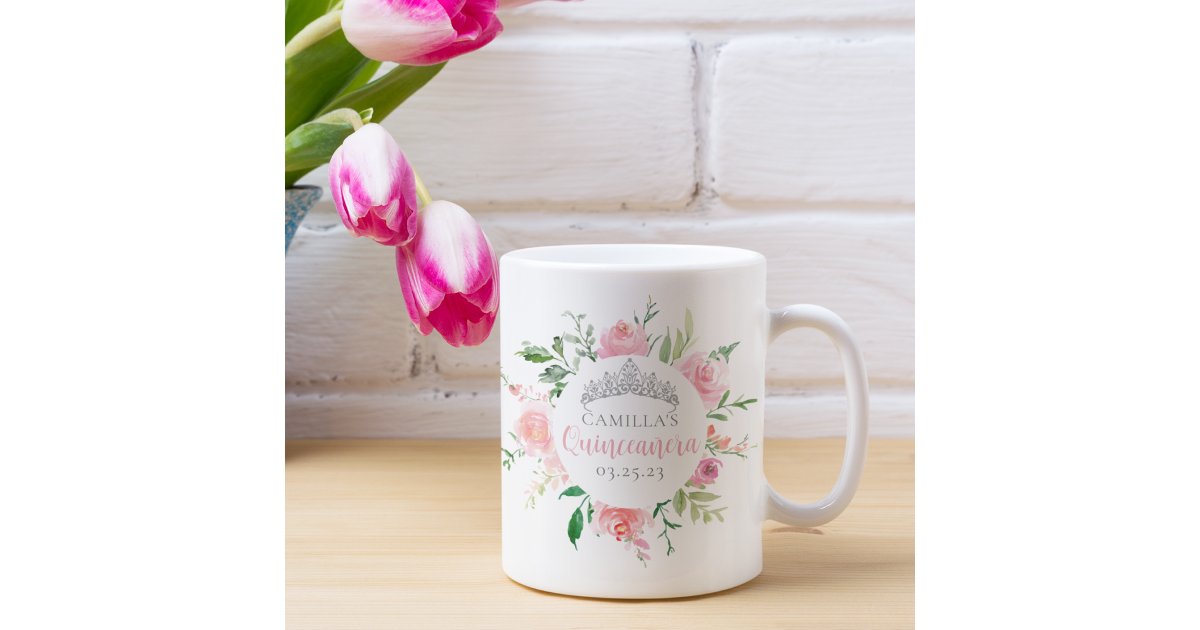 Pink Floral Quinceañera Silver Tiara Personalized Coffee Mug | Zazzle