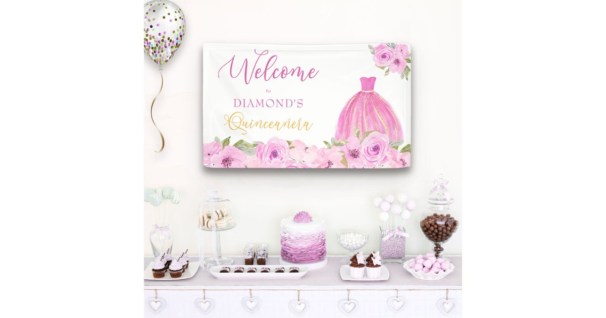 Pink Floral Quinceanera Welcome Banner | Zazzle