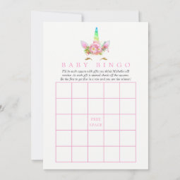 Pink Floral Rainbow Unicorn Girl Baby Shower Bingo Invitation | Zazzle