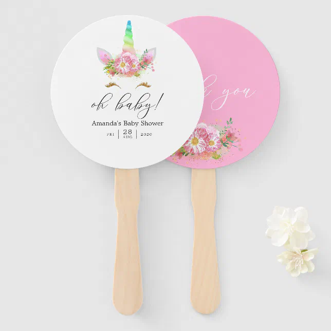 Pink Floral Rainbow Unicorn Girl Baby Shower Hand Fan | Zazzle