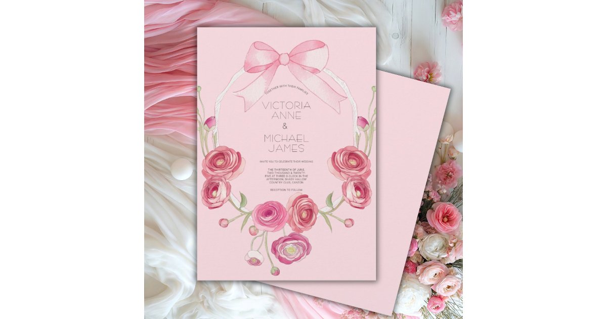 Pink Floral Ribbon Wedding Invitation | Zazzle