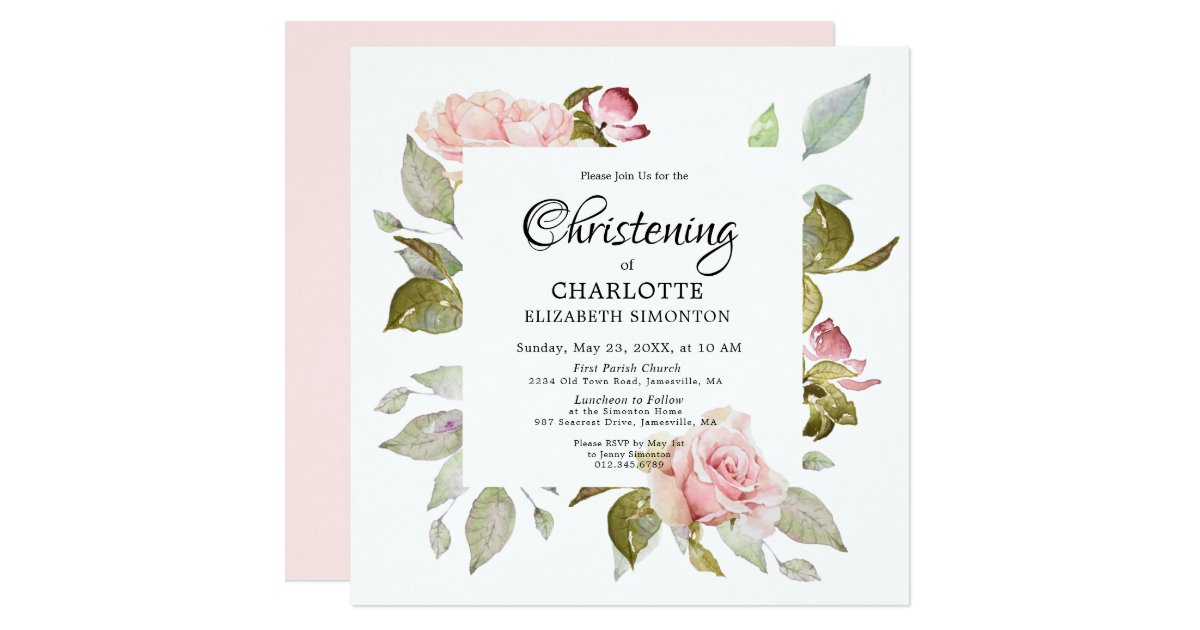 Pink Floral Rose Botanical Square Christening Invitation | Zazzle.com
