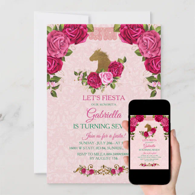 Pink Floral Rose Girl is Turning Seven Birthday Invitation | Zazzle