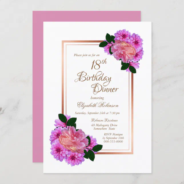 Pink Floral Rose Gold Border 18th Birthday Dinner Invitation | Zazzle